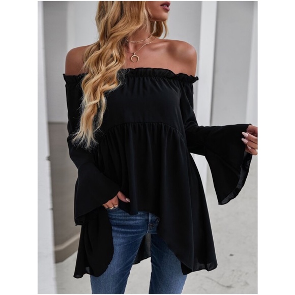 BellanBlue | Tops | Boho Black Off Shoulder Ruffle Sleeve High Low Top ...
